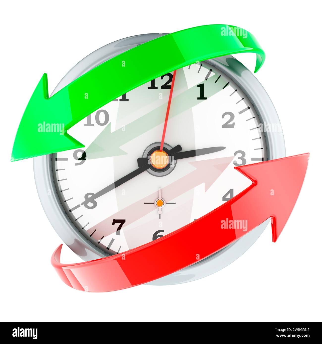 Wall clock with green and red arrows around. 3D rendering isolated on ...