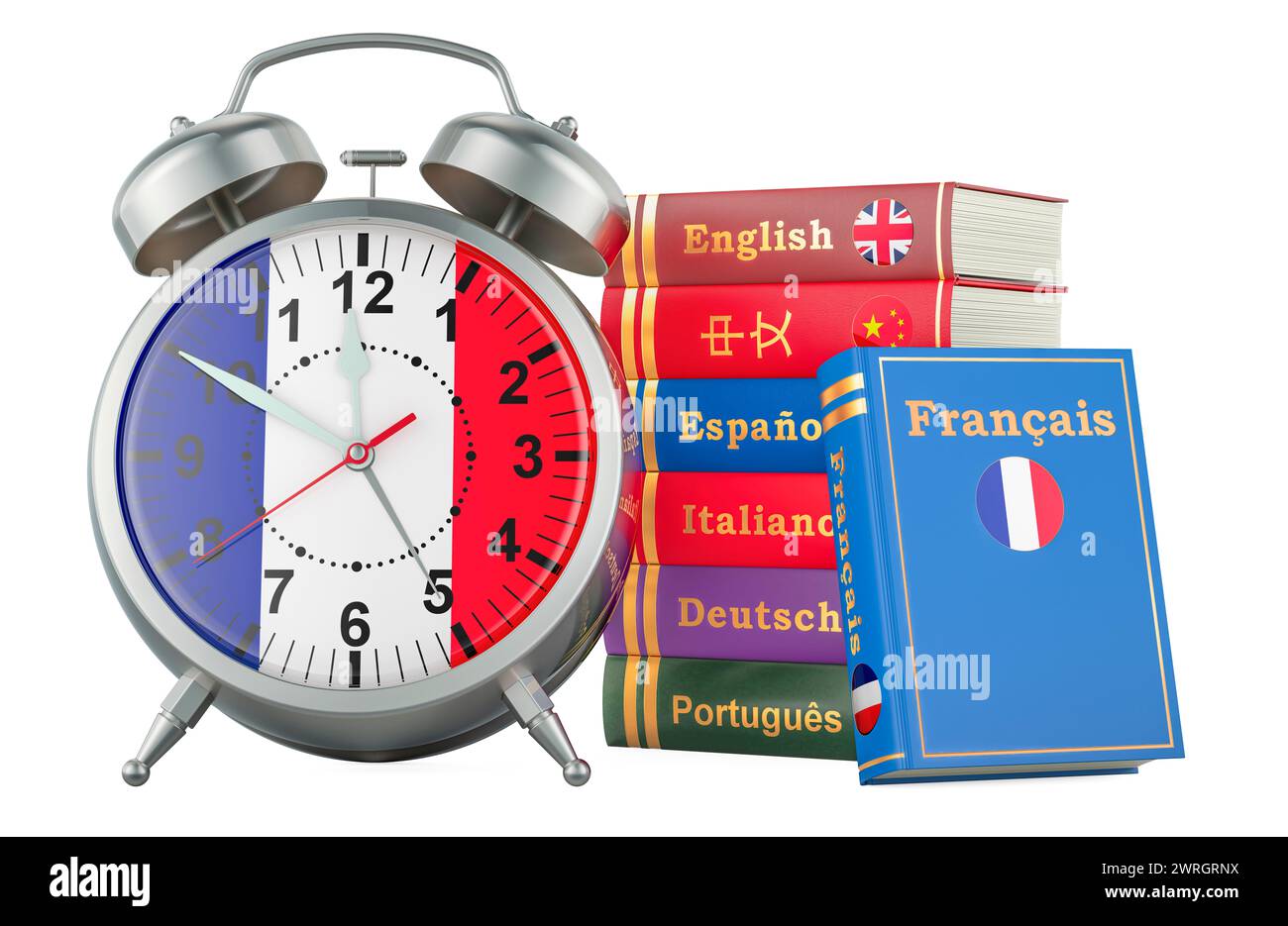 French course, lessons concept. Books with alarm clock. Time to learn ...