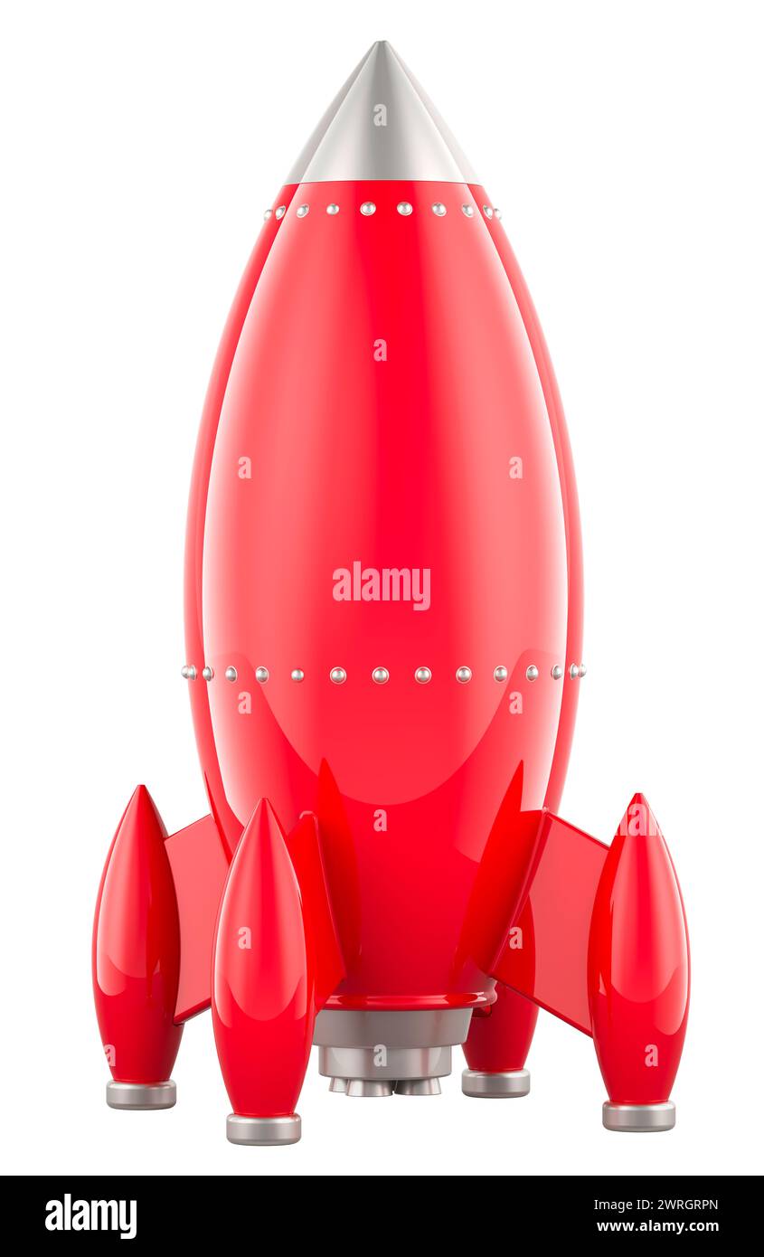 Retro toy spaceship rocket, red color. 3D rendering isolated on white ...