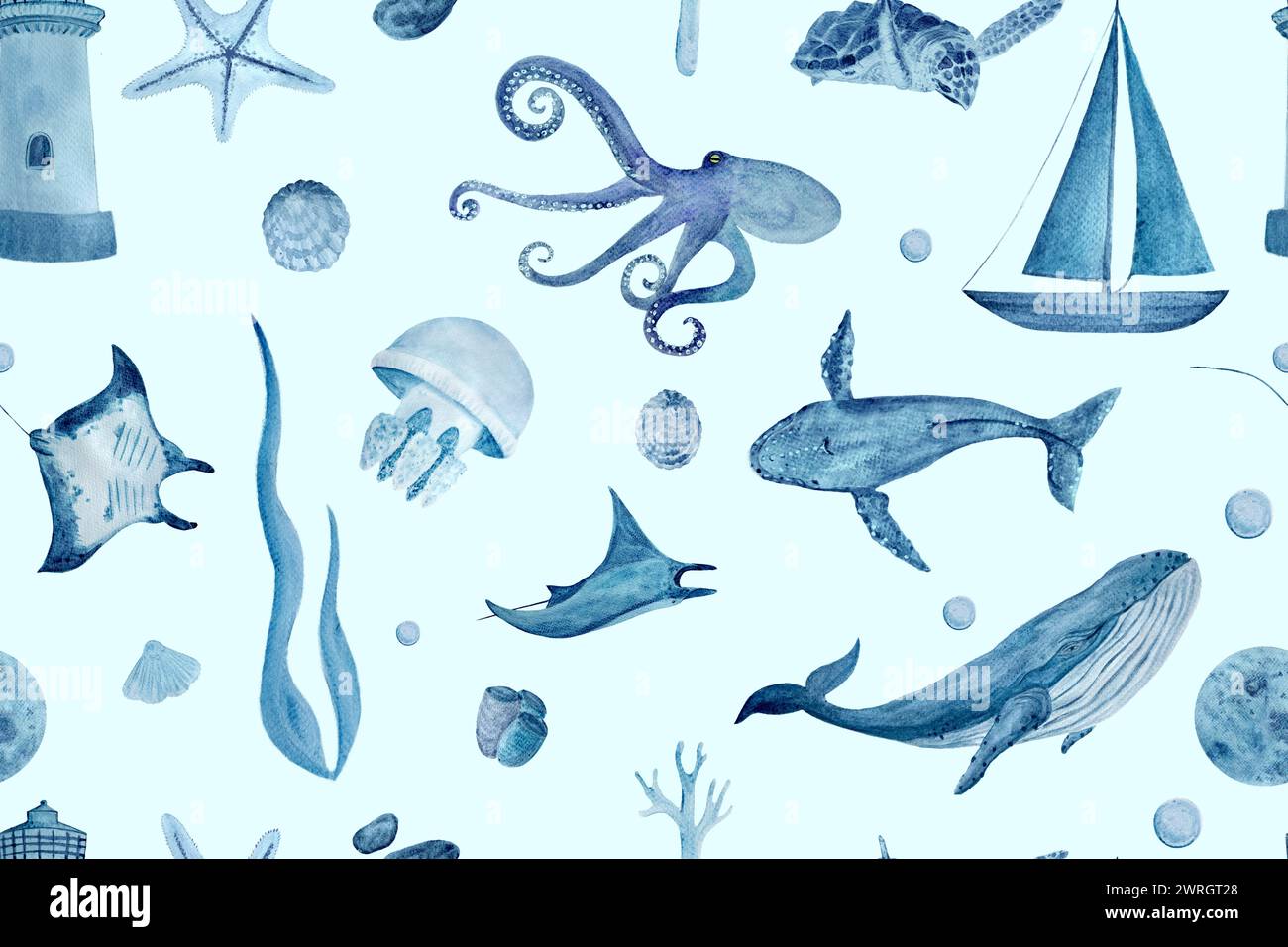 Watercolor hand-drawn blue monochromatic seamless pattern on light blue ...