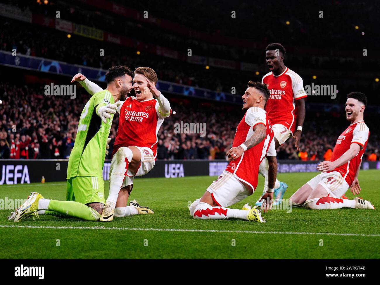 Arsenal's David Raya, Martin Odegaard, Ben White, Bukayo Saka and Declan Rice celebrate after ...