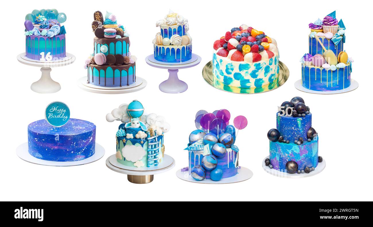 Close up collection of different beautiful blue birthday cakes isolated ...