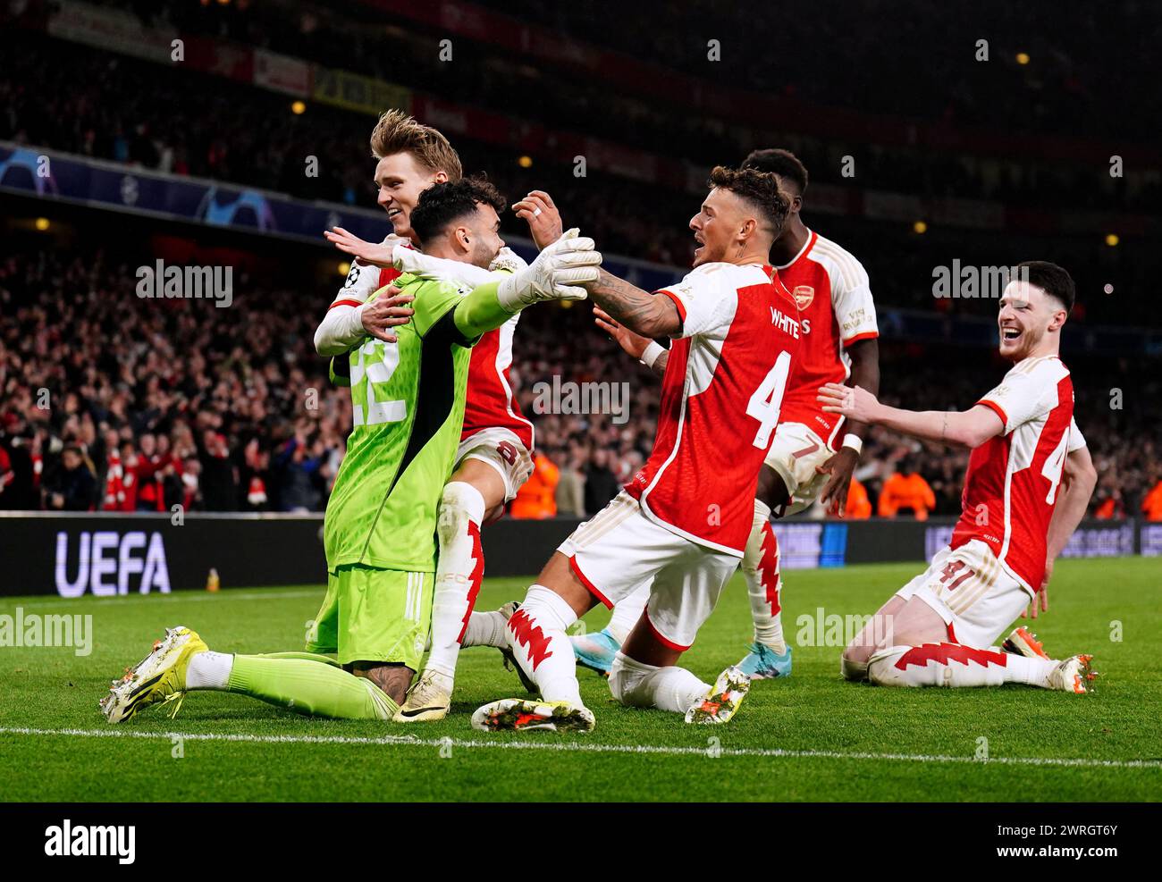 Arsenal's David Raya, Martin Odegaard, Ben White, Bukayo Saka and Declan Rice celebrate after ...