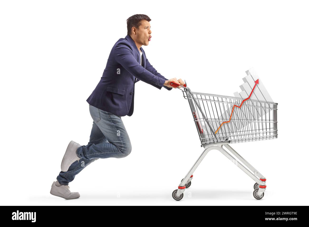 Excited man running with a bar chart in a shopping cart isolated on ...