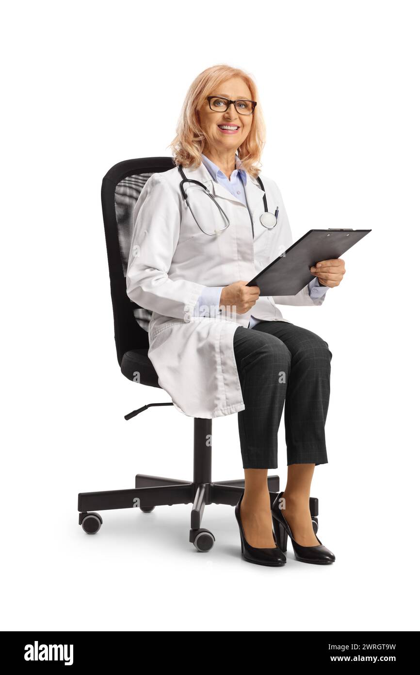 Female doctor sitting in an office chair isolated on white background ...