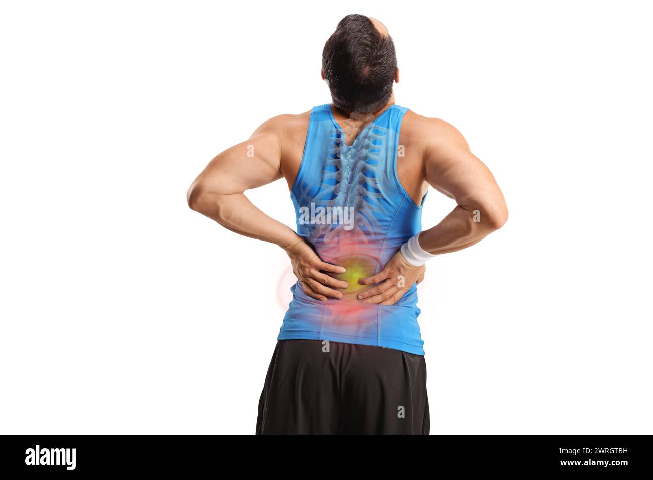 Rear view shot of a male athlete stretching his painful back with red ...