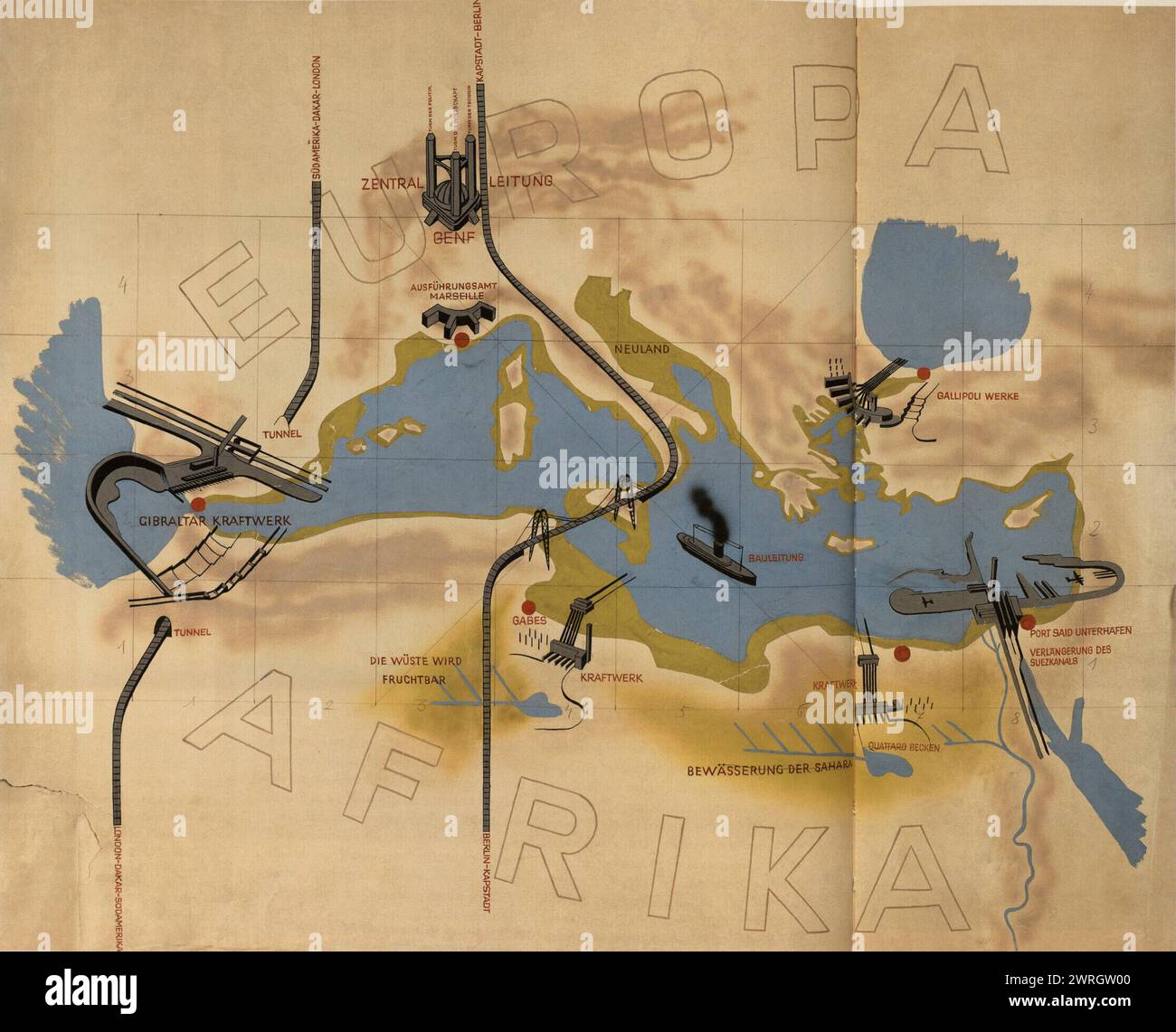 Illustration of the Atlantropa Project. Exhibition flyer, 1932. Private ...