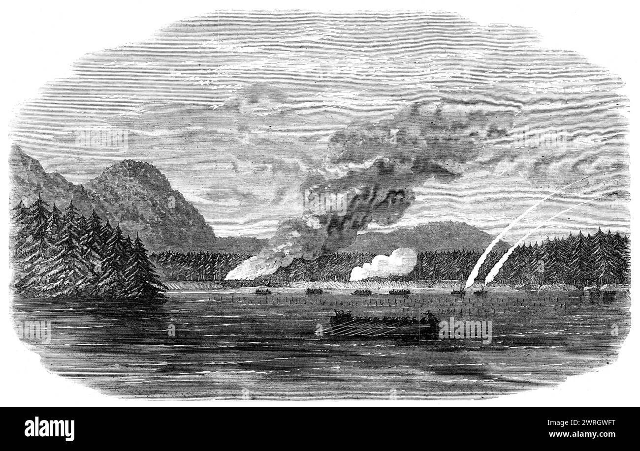 The boats of H.M.S. Sutlej and Devastation attacking an Indian village ...
