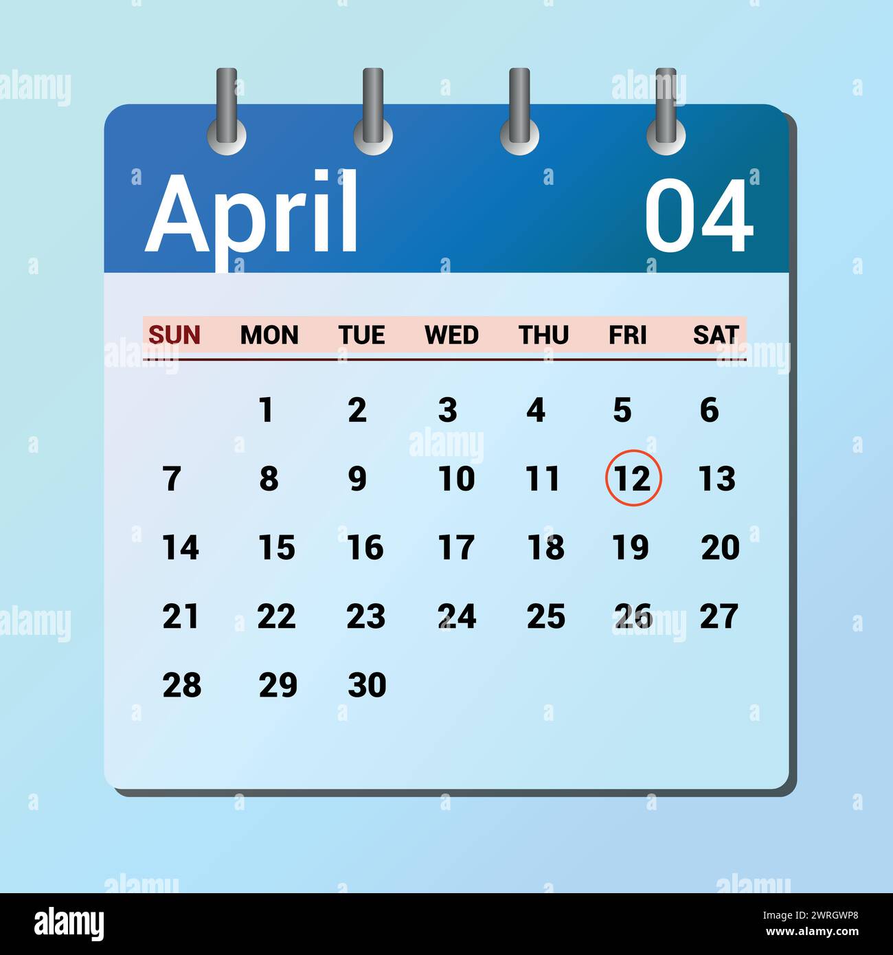 vector page of April month calendar and highlighted date April 12 Stock ...