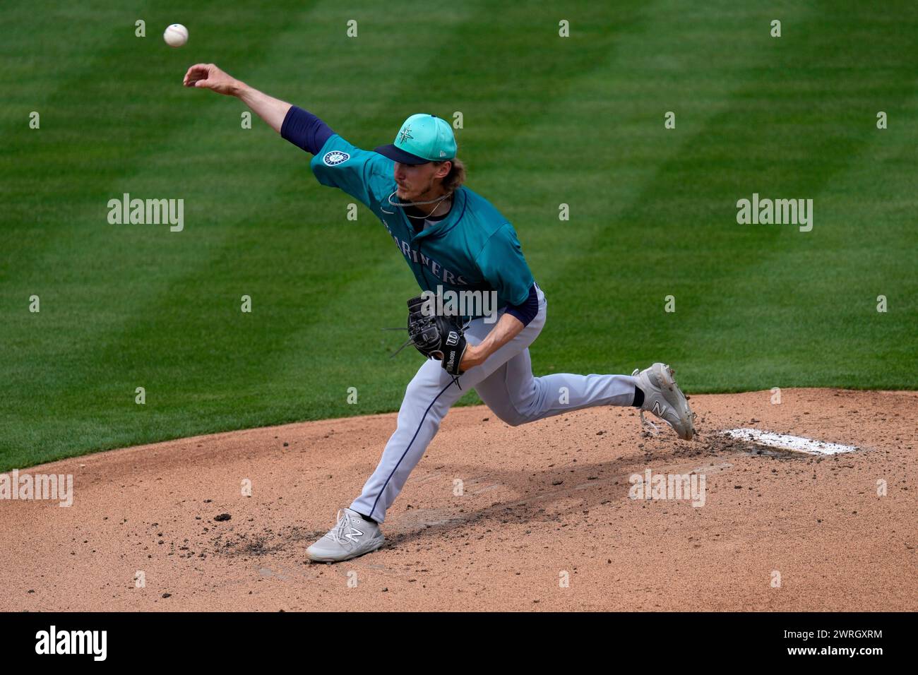 Seattle Mariners starting pitcher Bryce Miller throws against the ...