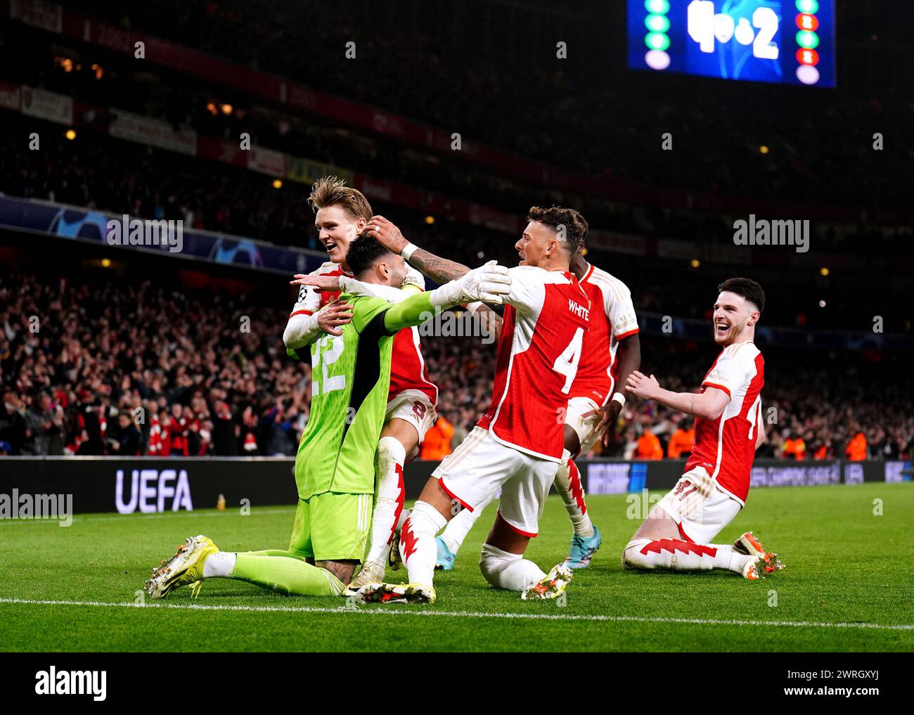 Arsenal's David Raya, Martin Odegaard, Ben White, Bukayo Saka and Declan Rice celebrate after ...