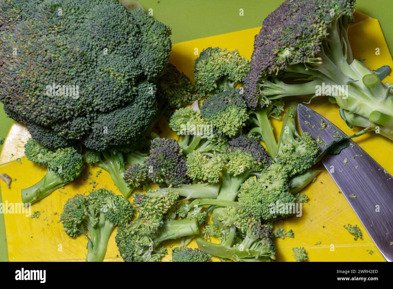 Broccoli in the kitchen on the cutting board, bright green, nutritious ...