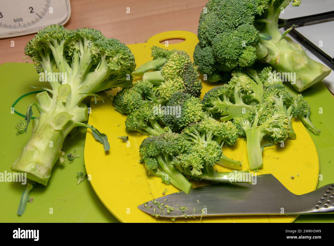 Broccoli in the kitchen on the cutting board, bright green, nutritious ...