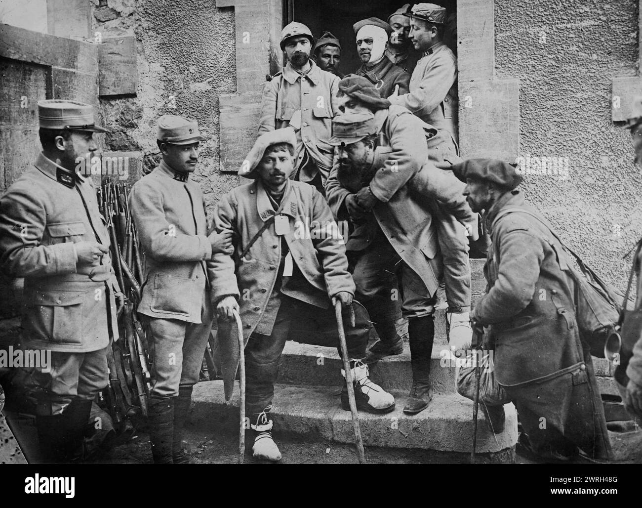 Wounded French leaving hospital, 1917. Wounded French soldiers leaving ...