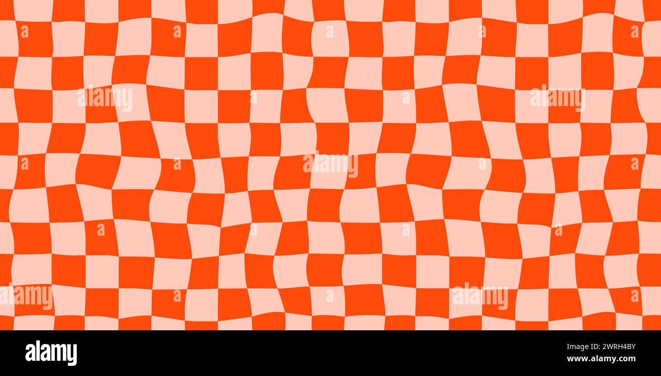 Seamless red checkerboard pattern. Repeating distorted checkered texture. Groovy trippy abstract ...
