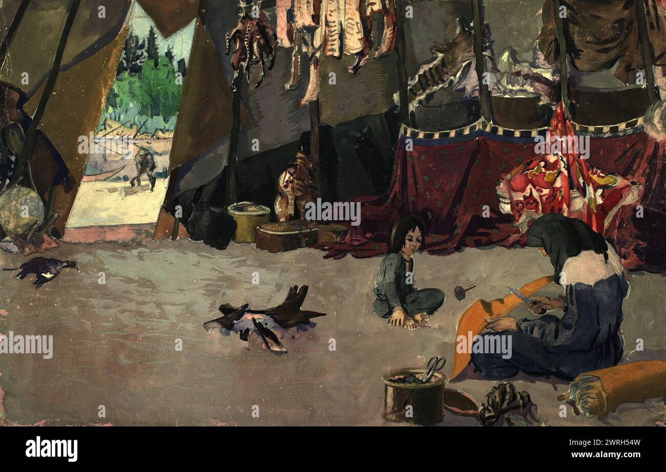 Birch bark yurt - Interior view of the yurt. Selkups, 1920. V. I ...