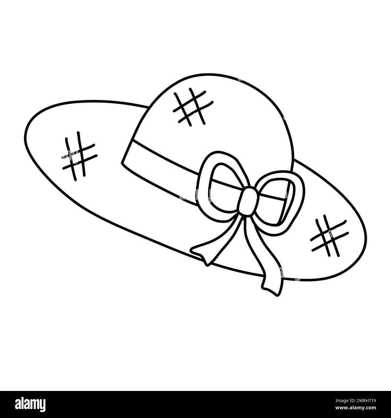 Straw hat with ribbon and bow, doodle style flat vector outline ...
