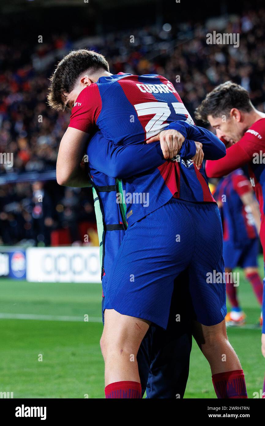 Barcelona, Spain. 12th Mar, 2024. Pau Cubarsi celebrates a goal during ...