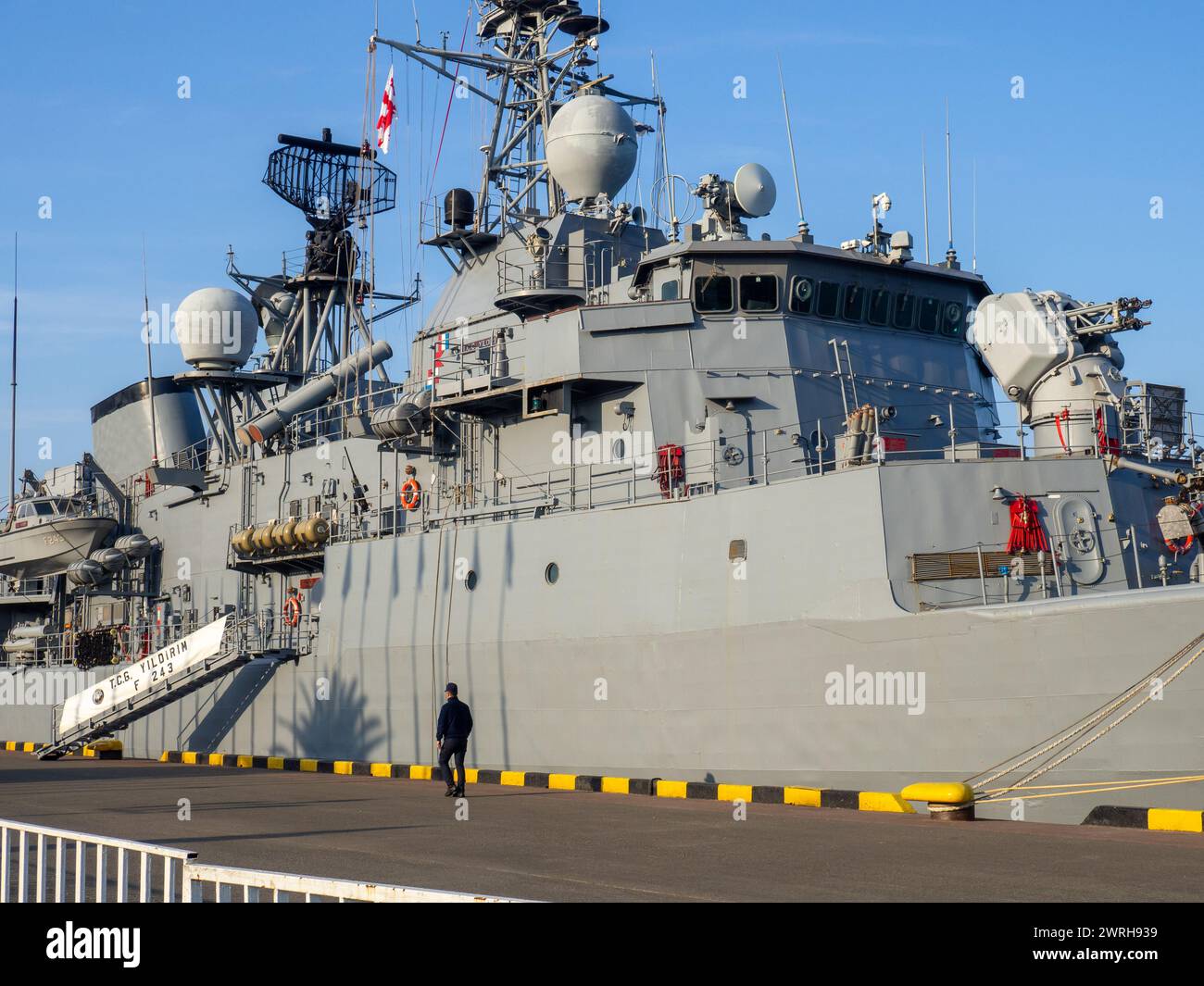 Close-up of a military patrol ship. Decks and weapons. Gray color ...