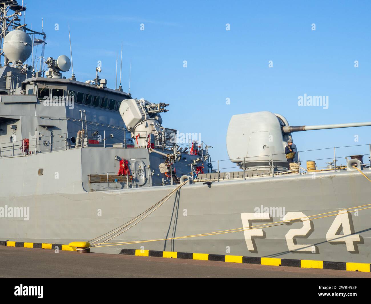 Close-up of a military patrol ship. Decks and weapons. Gray color ...