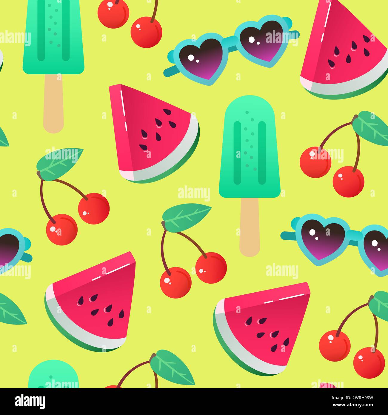 Vibrant summer cute seamless pattern with watermelon, sunglasses and ...