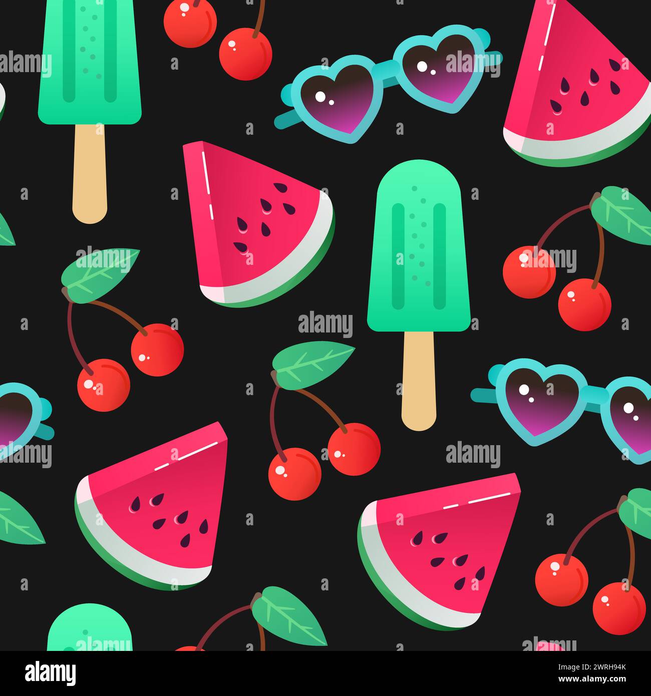 Vibrant summer cute seamless pattern with watermelon, sunglasses and ...