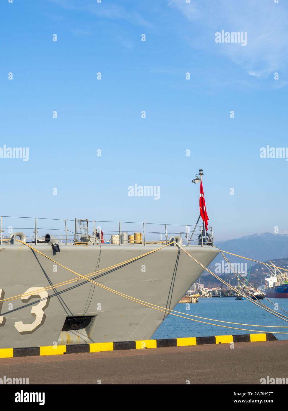 Close-up of a military patrol ship. Decks and weapons. Gray color ...