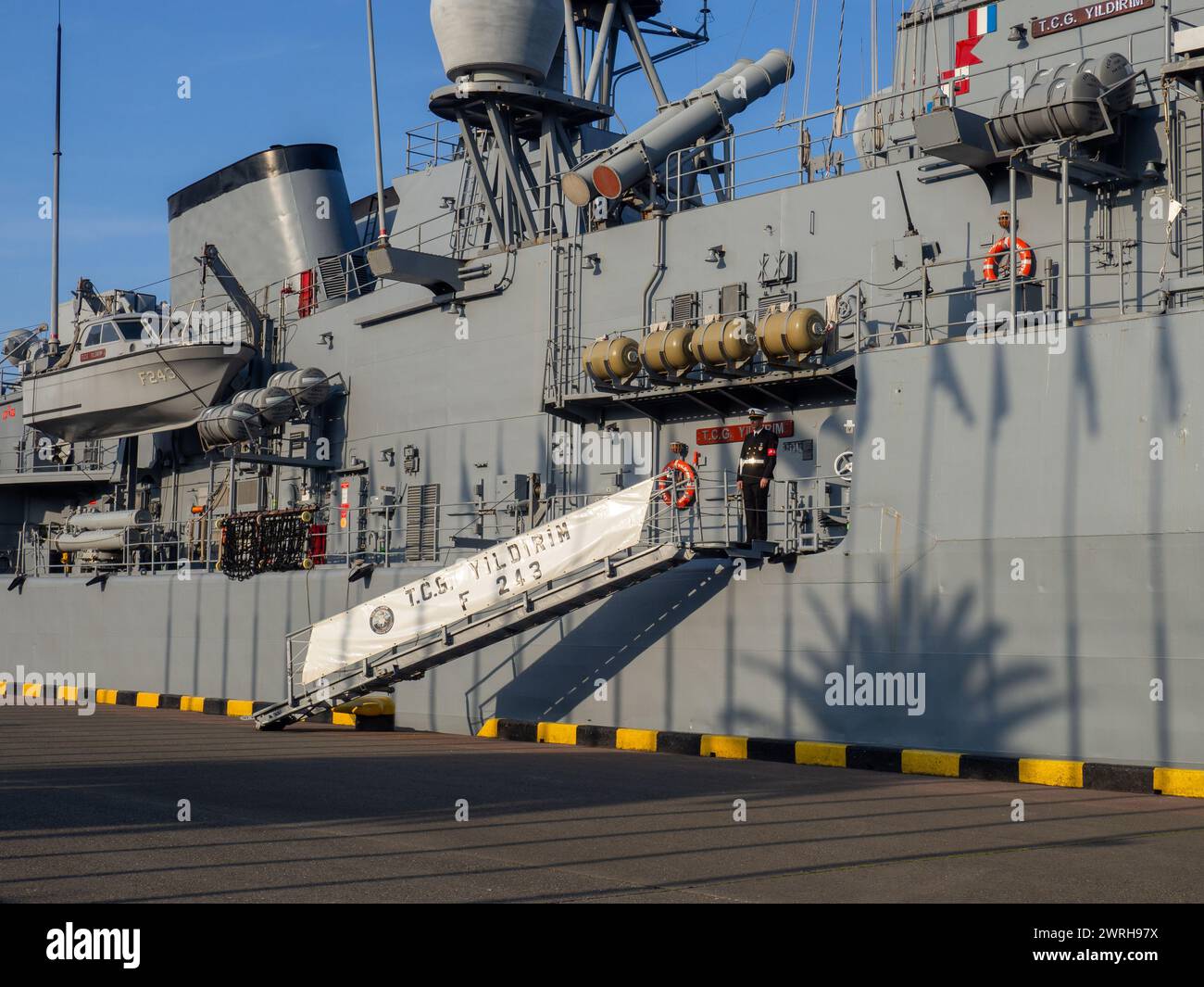 Close-up of a military patrol ship. Decks and weapons. Gray color ...