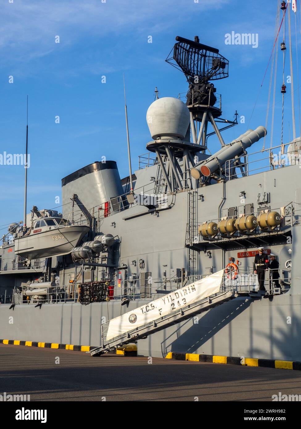 Close-up of a military patrol ship. Decks and weapons. Gray color ...