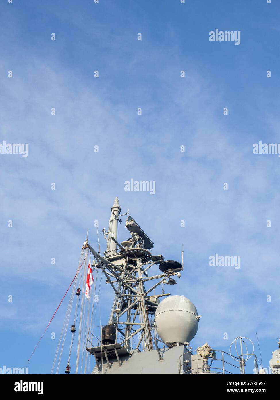 Radar system of a warship. Militarism. Ship electronics. tower against ...