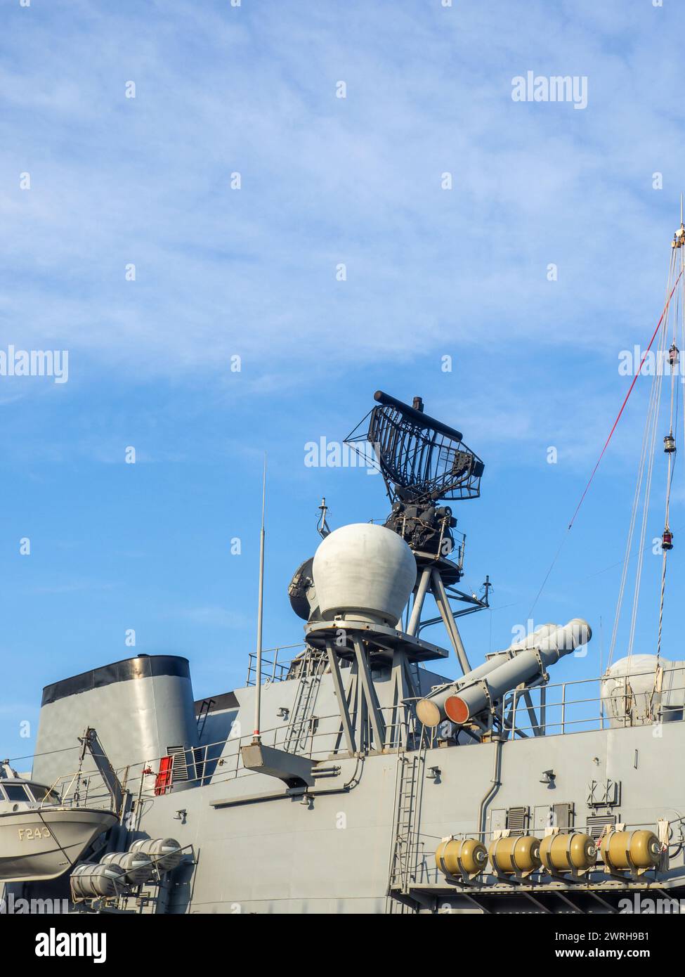 Radar system of a warship. Militarism. Ship electronics. tower against ...