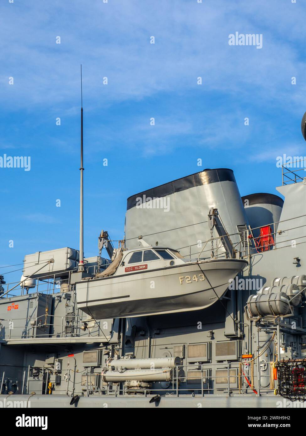 Decks of a warship. A rescue boat is attached to the side of a warship ...