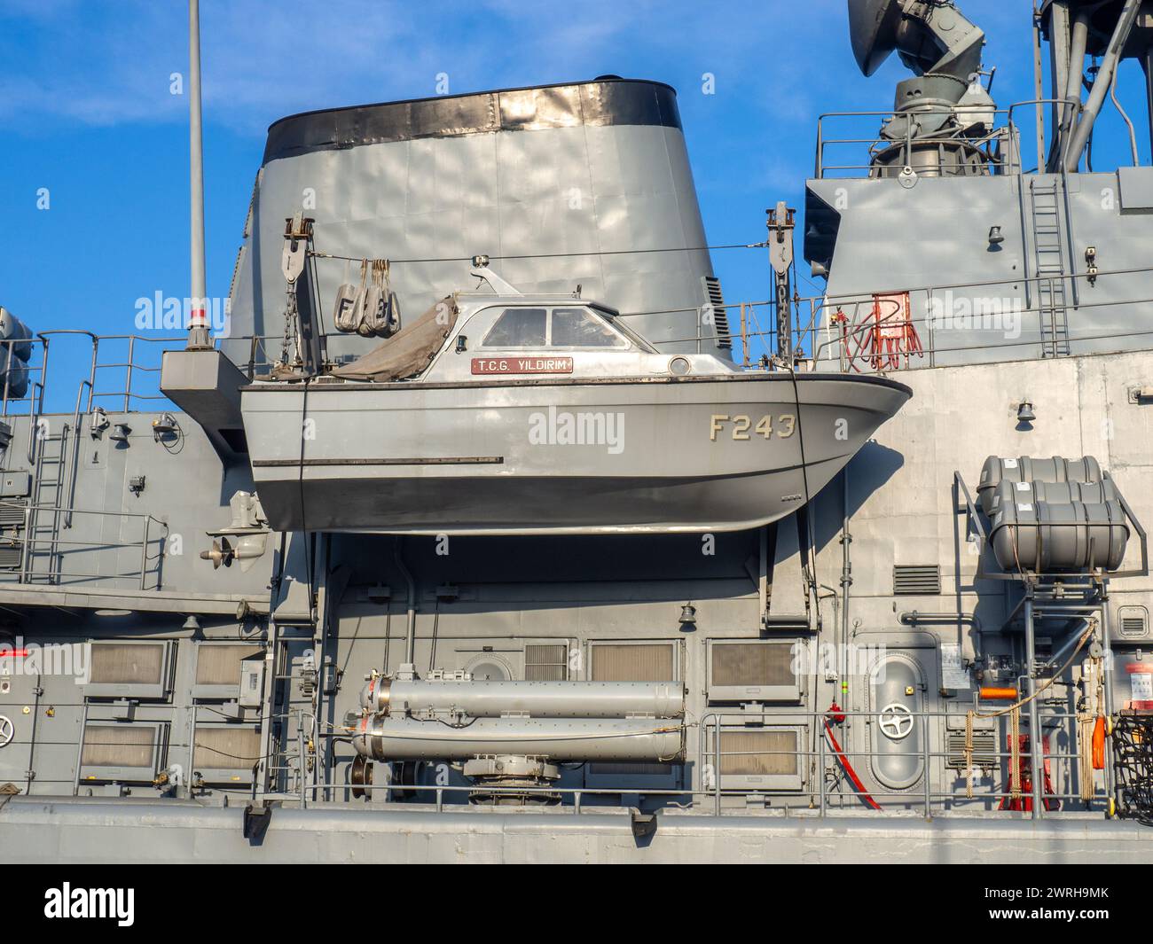 Decks of a warship. A rescue boat is attached to the side of a warship ...
