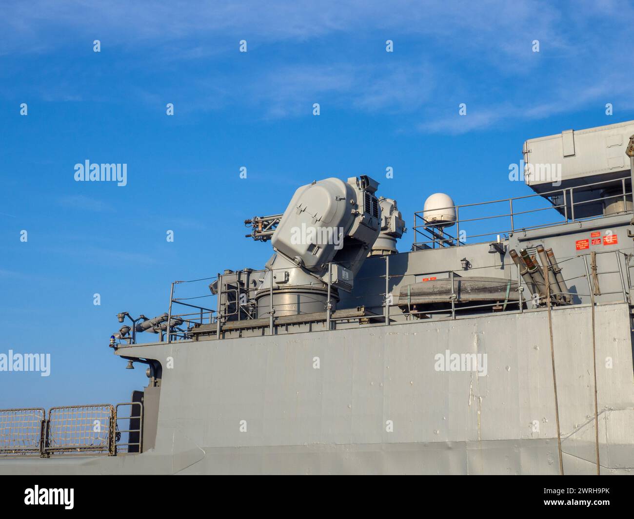 Close-up of a military patrol ship. Decks and weapons. Gray color ...