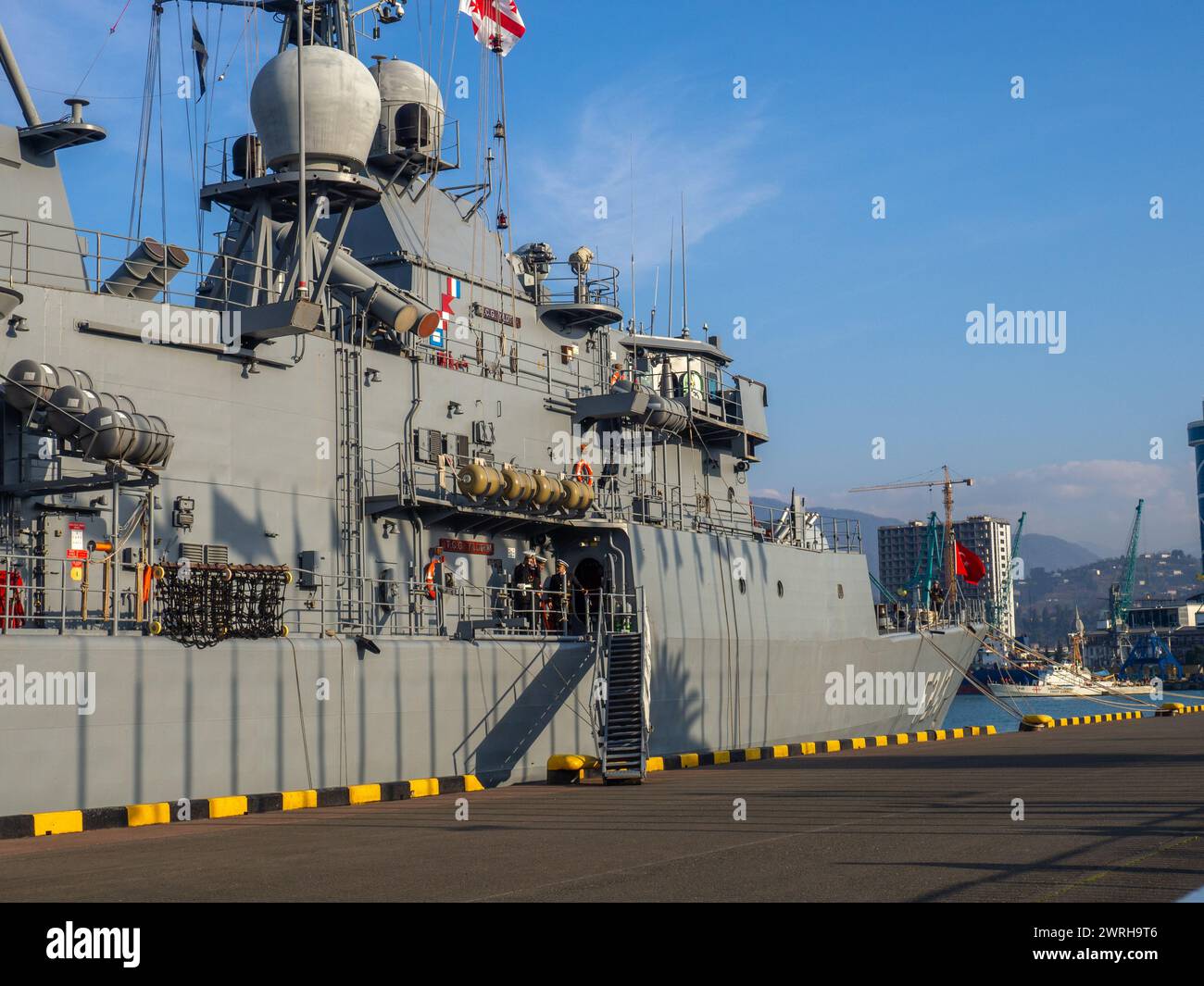 Decks of a warship. Military sailors on deck in uniform. Military ...