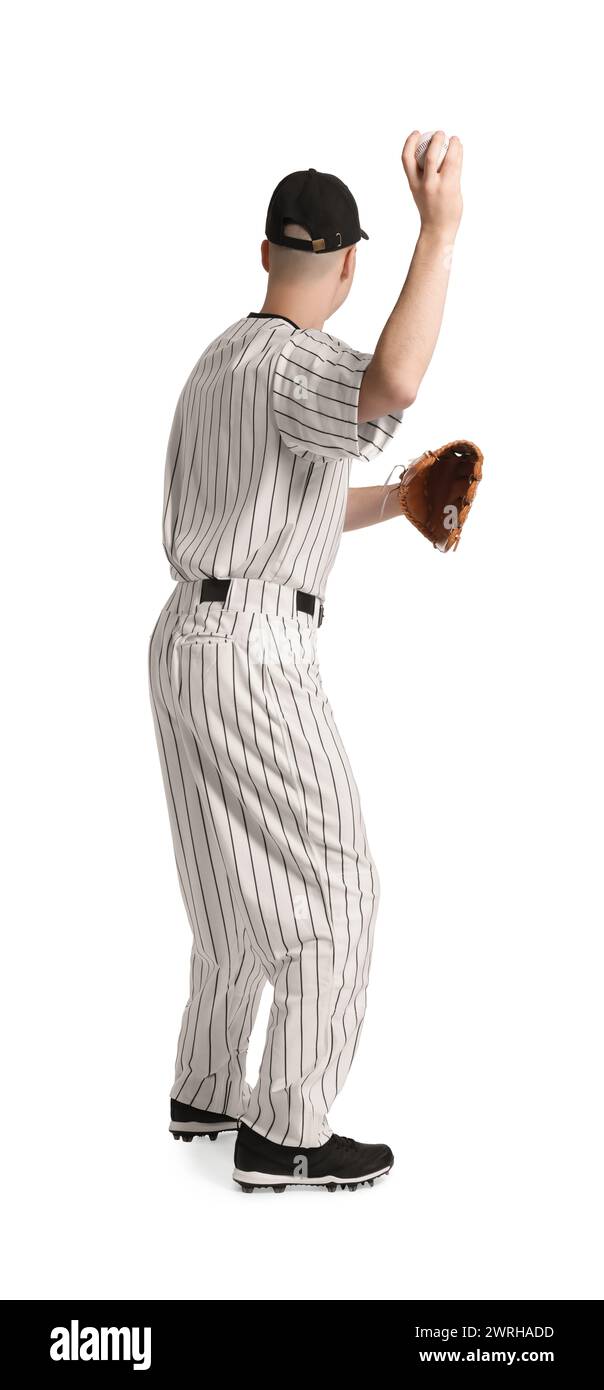 Baseball player throwing ball on white background, back view Stock ...
