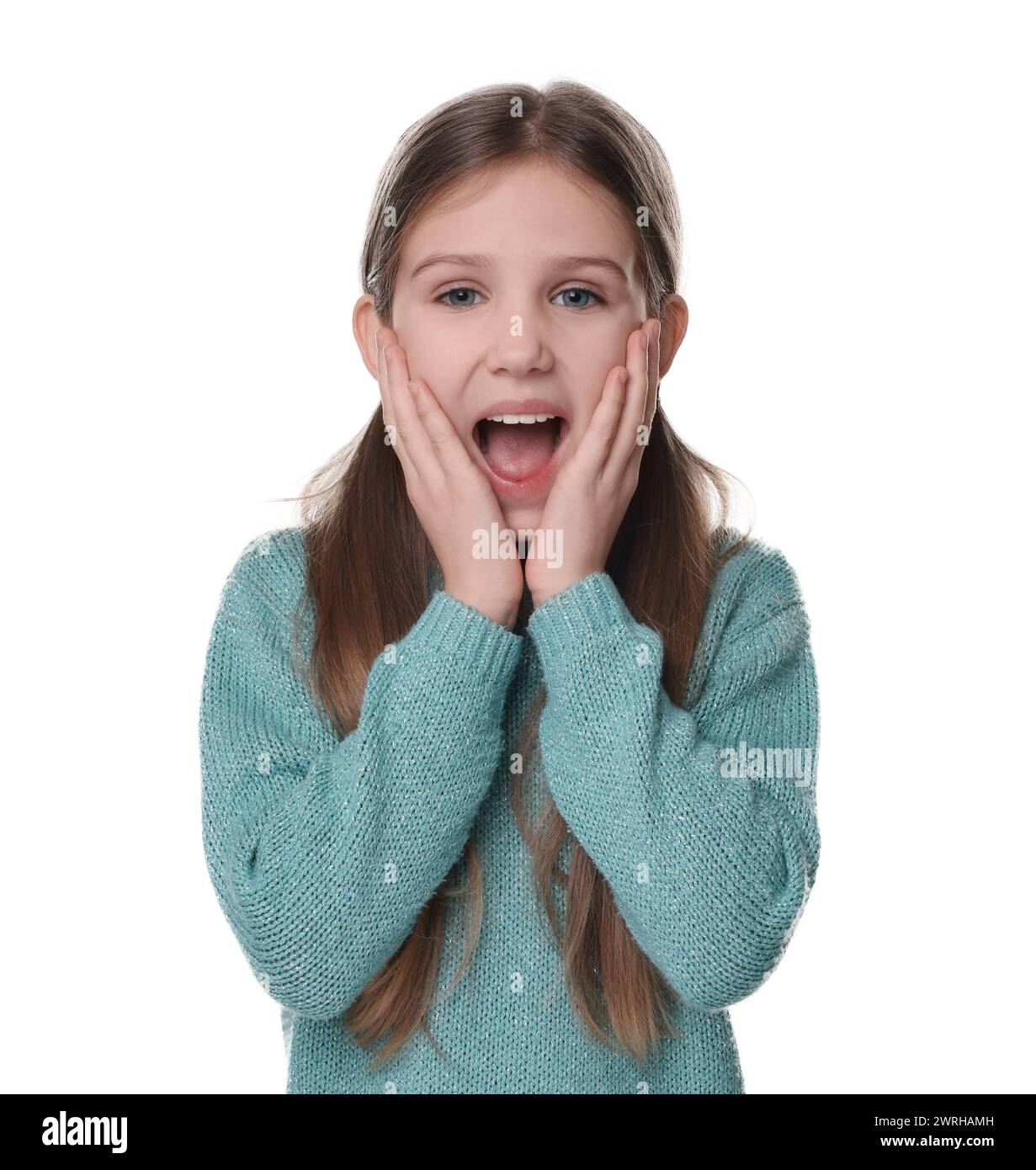 Portrait of surprised girl on white background Stock Photo - Alamy