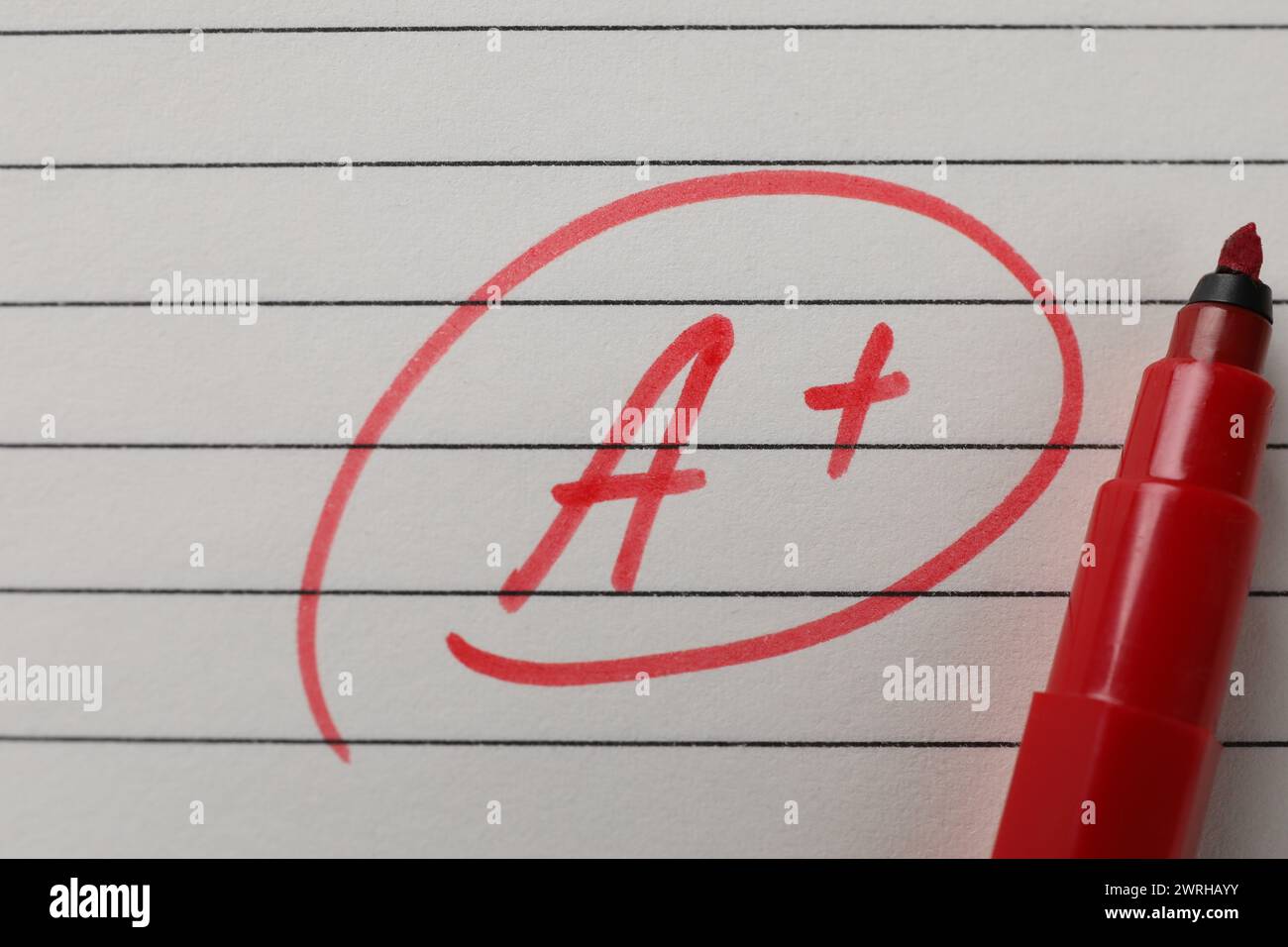 School grade. Red letter A with plus symbol on notebook paper and ...