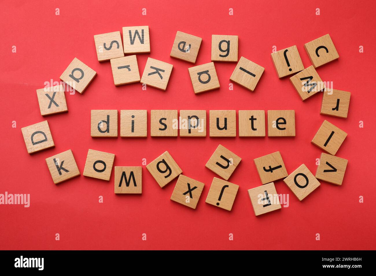Squares with word Dispute on red background, flat lay Stock Photo - Alamy
