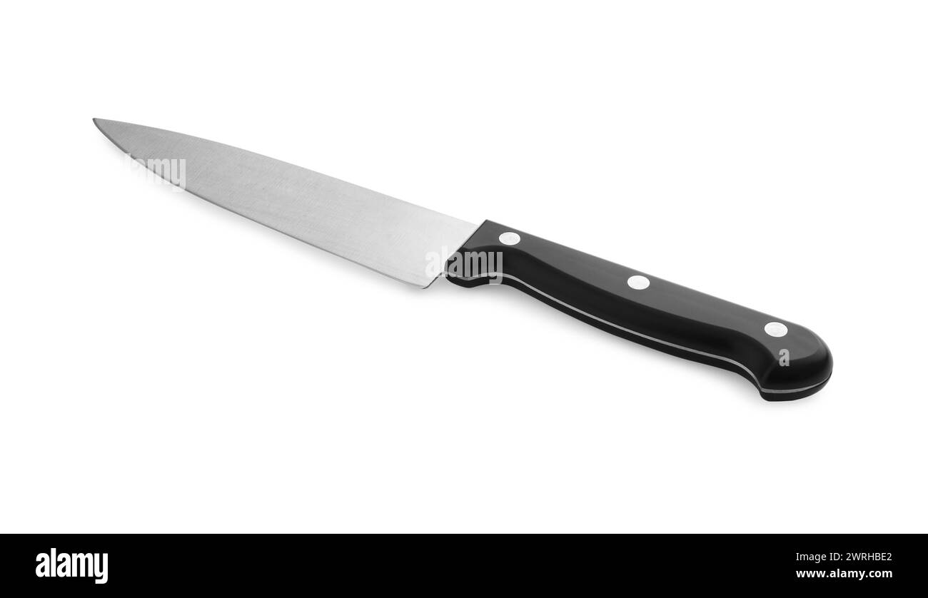 One sharp knife with black handle isolated on white Stock Photo - Alamy
