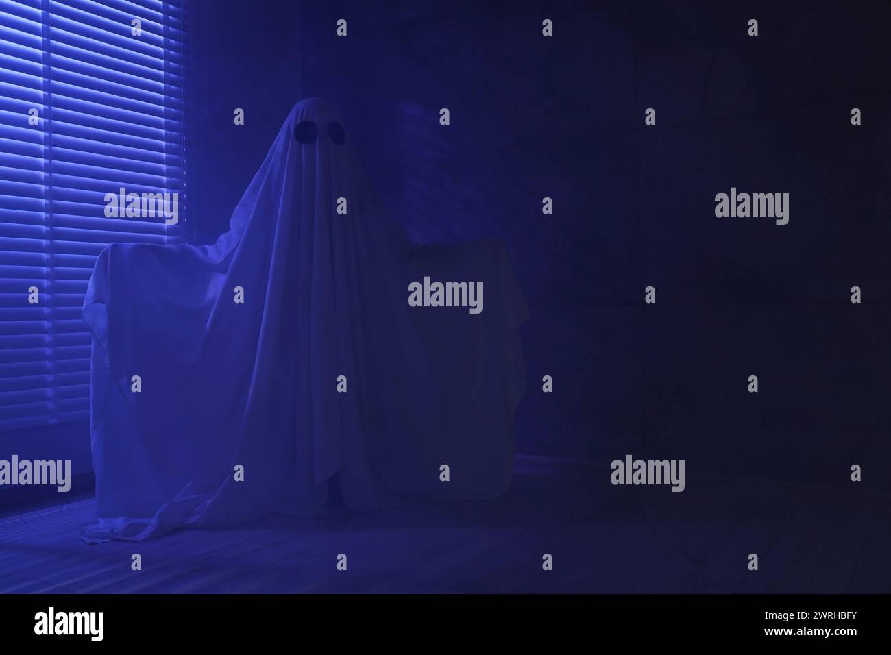Creepy ghost. Woman covered with sheet near window in blue light, space ...
