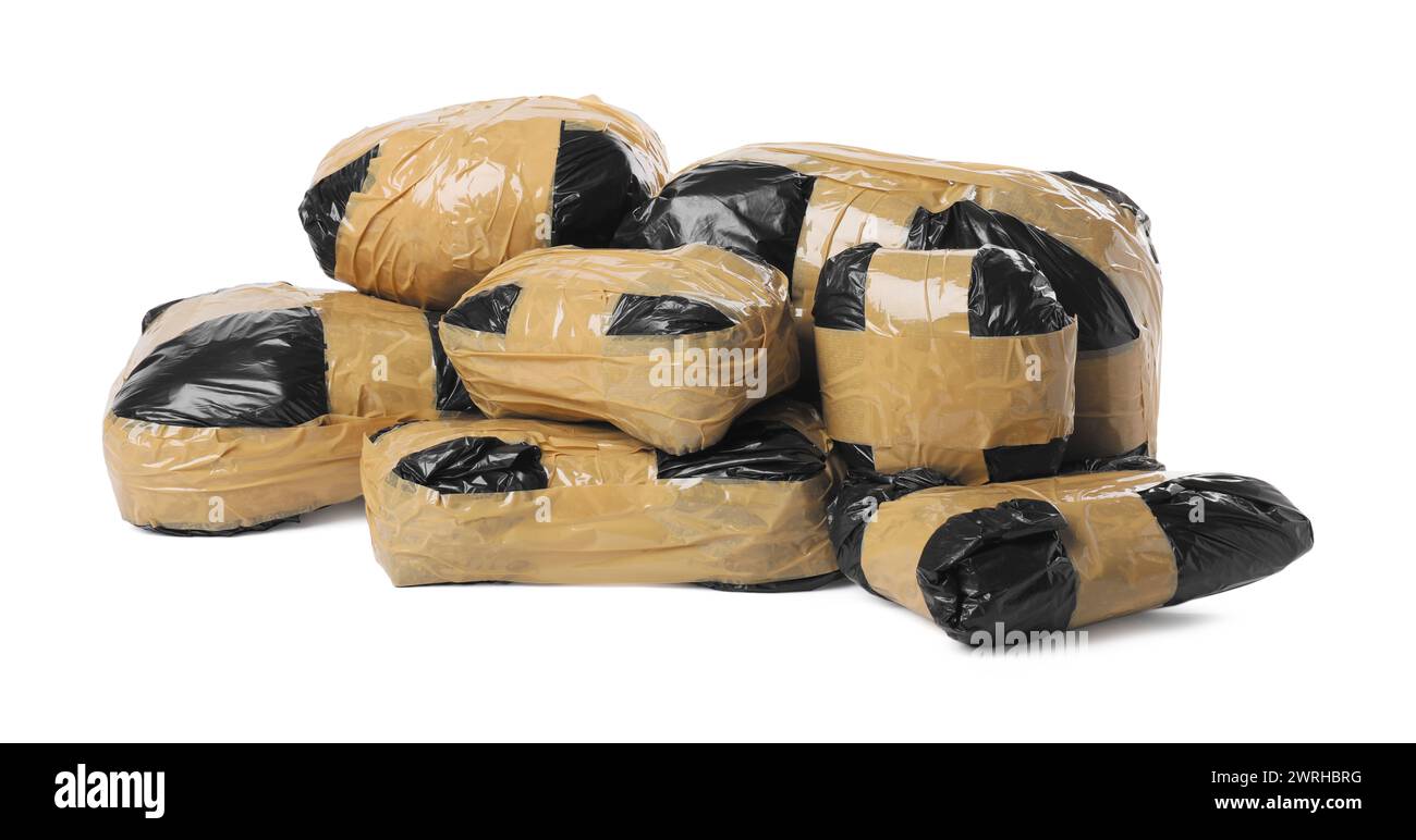 Packages with narcotics isolated on white. Drug addiction Stock Photo ...