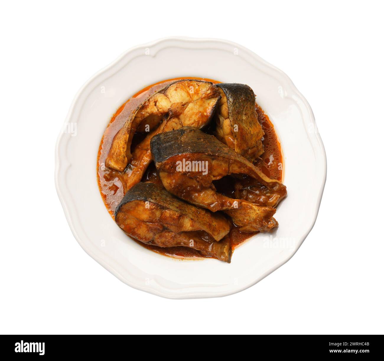 Tasty fish curry on white background, top view. Indian cuisine Stock ...