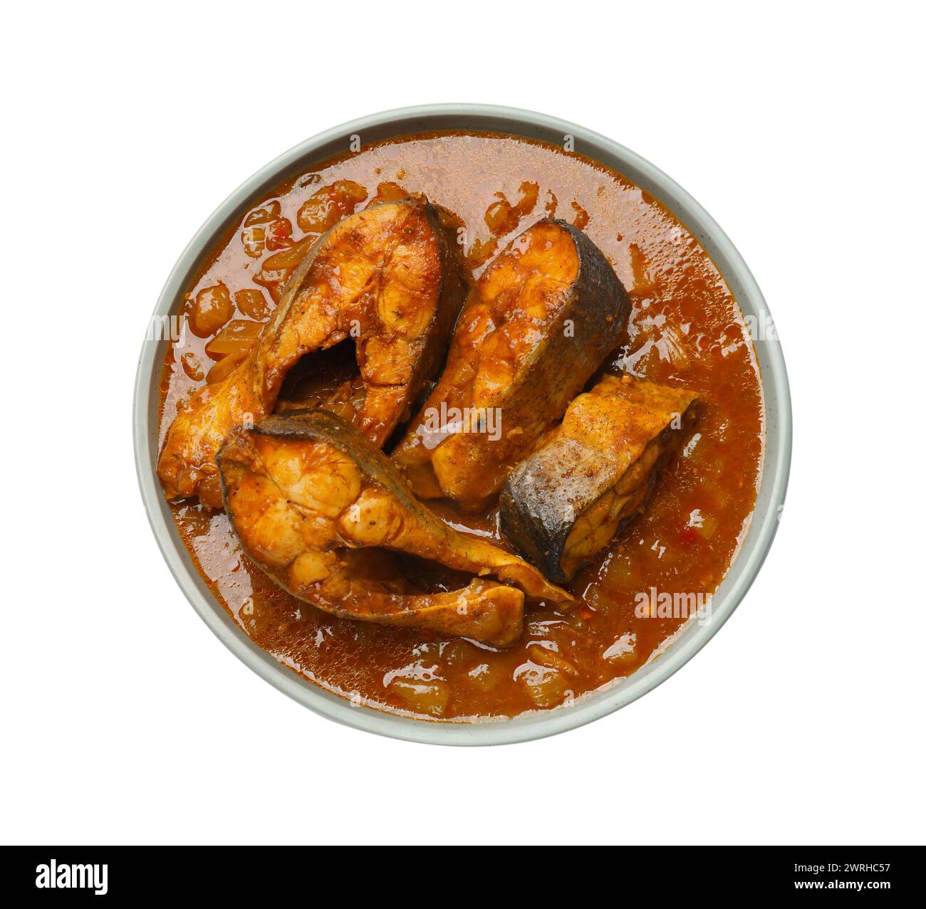 Tasty fish curry on white background, top view. Indian cuisine Stock ...