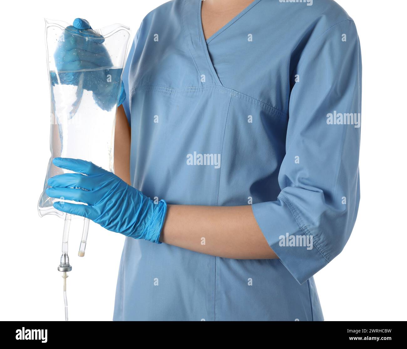 Nurse with IV infusion set on white background, closeup Stock Photo - Alamy