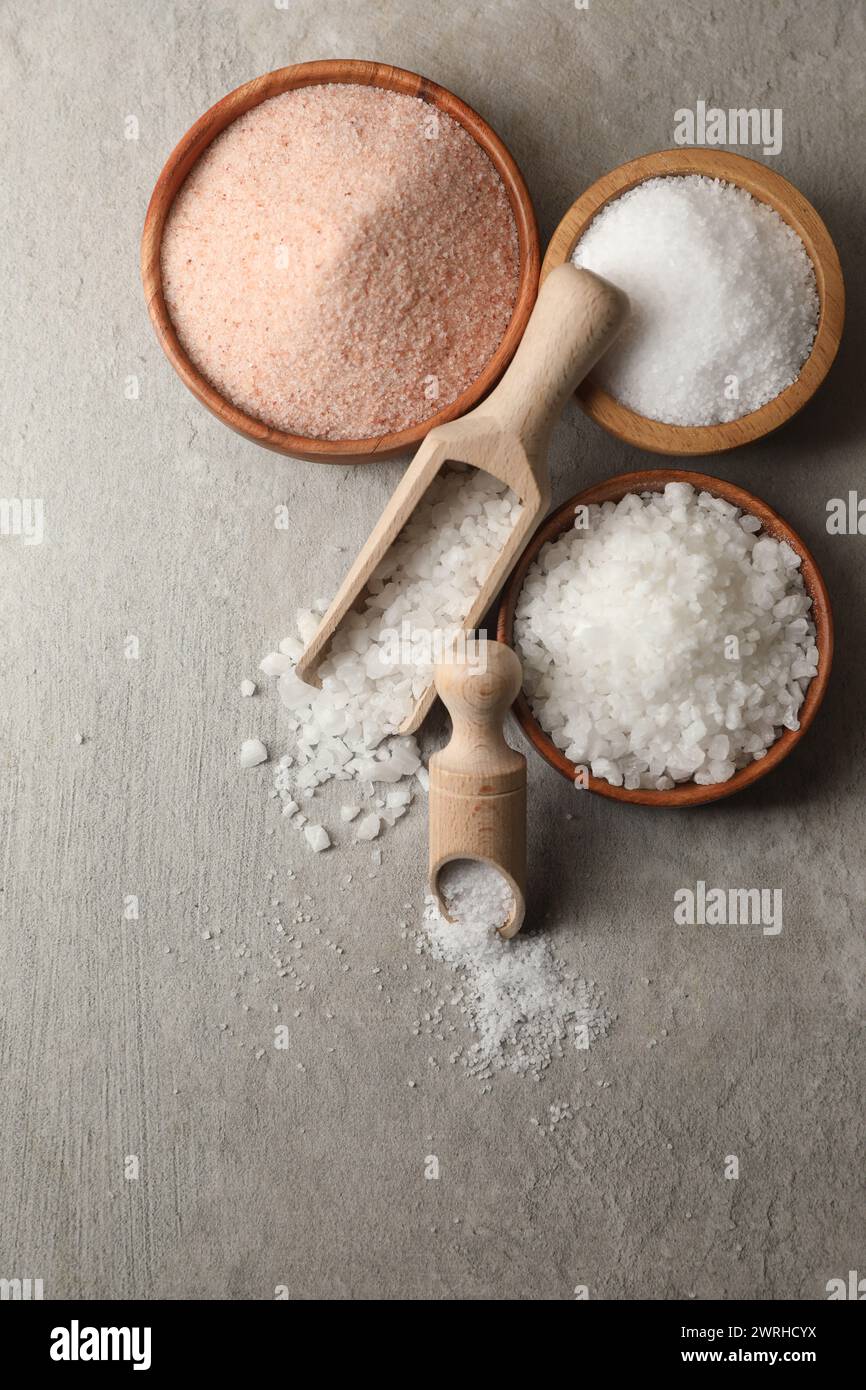 Different natural salt on grey textured table, flat lay. Space for text ...
