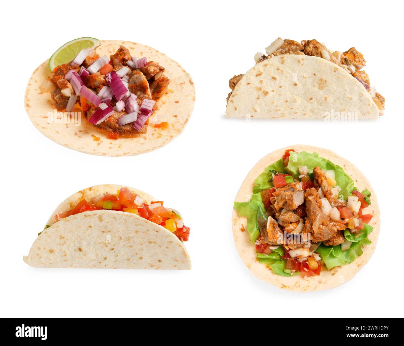 Different delicious tacos isolated on white, set Stock Photo - Alamy
