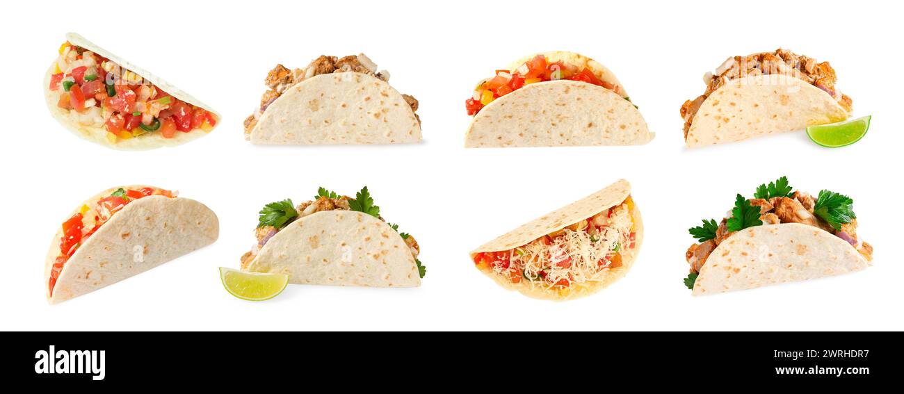 Different delicious tacos isolated on white, set Stock Photo - Alamy