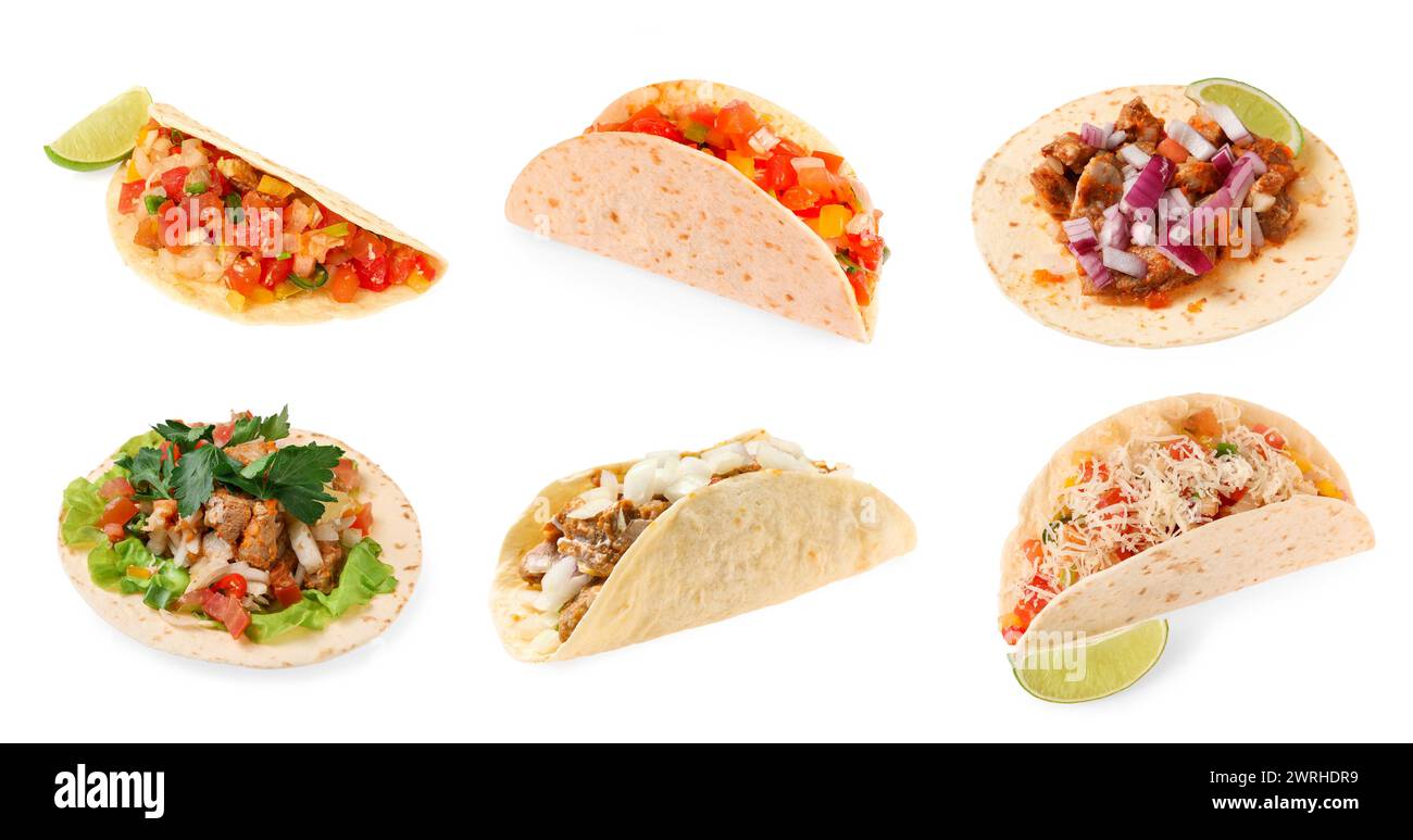 Different delicious tacos isolated on white, set Stock Photo - Alamy
