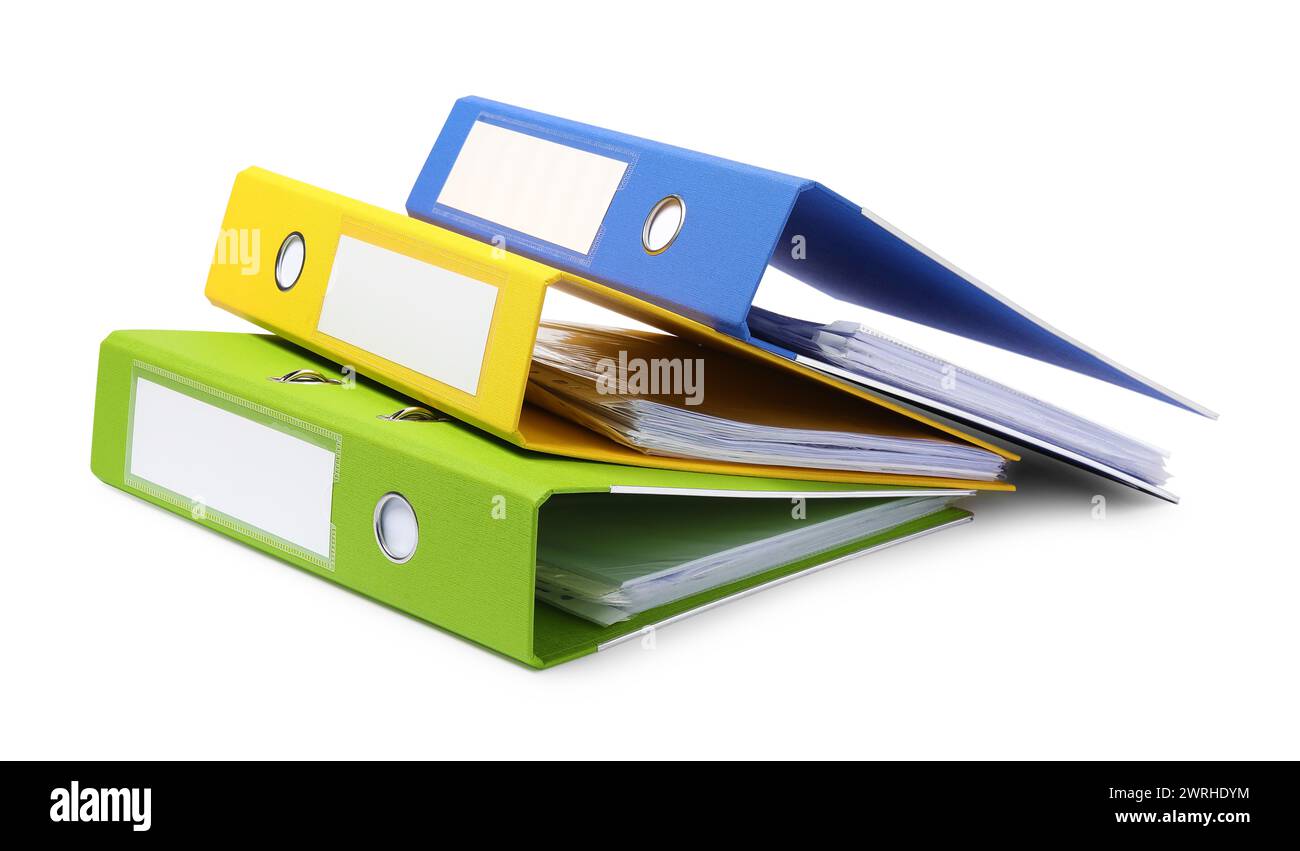 Many bright office folders isolated on white Stock Photo - Alamy